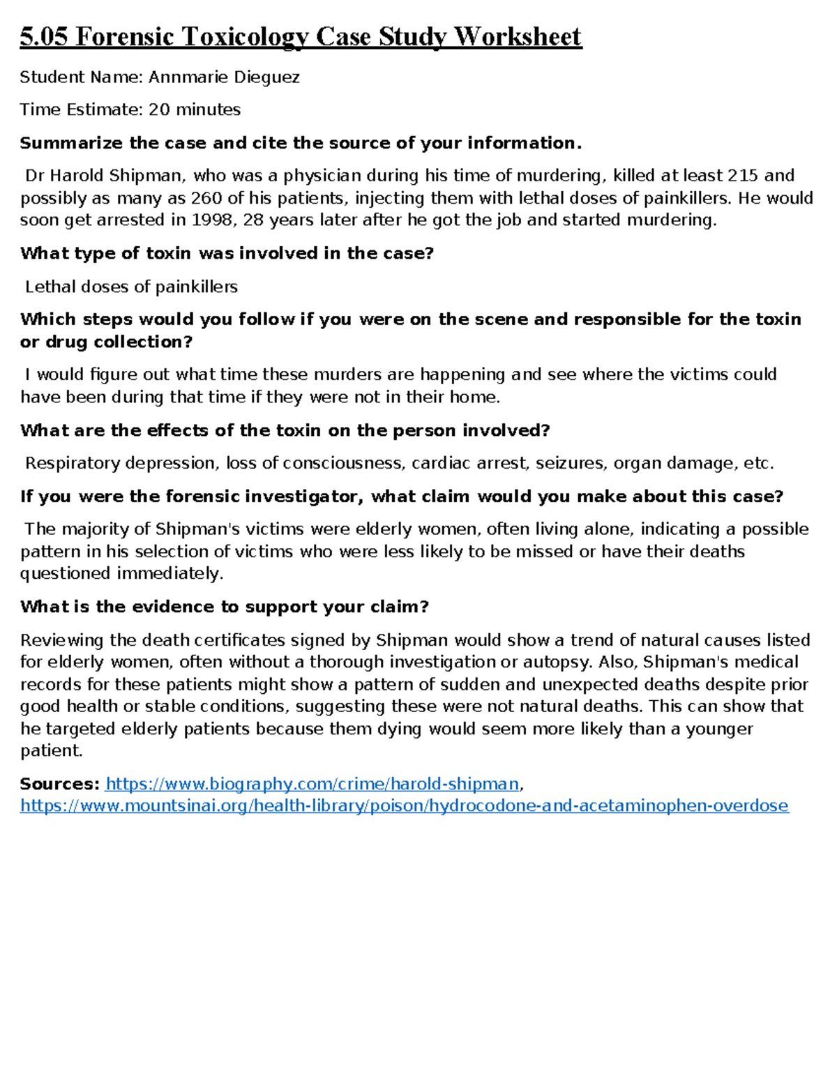 FLVS Toxicology Case Study Worksheet - 5 Forensic Toxicology Case Study ...