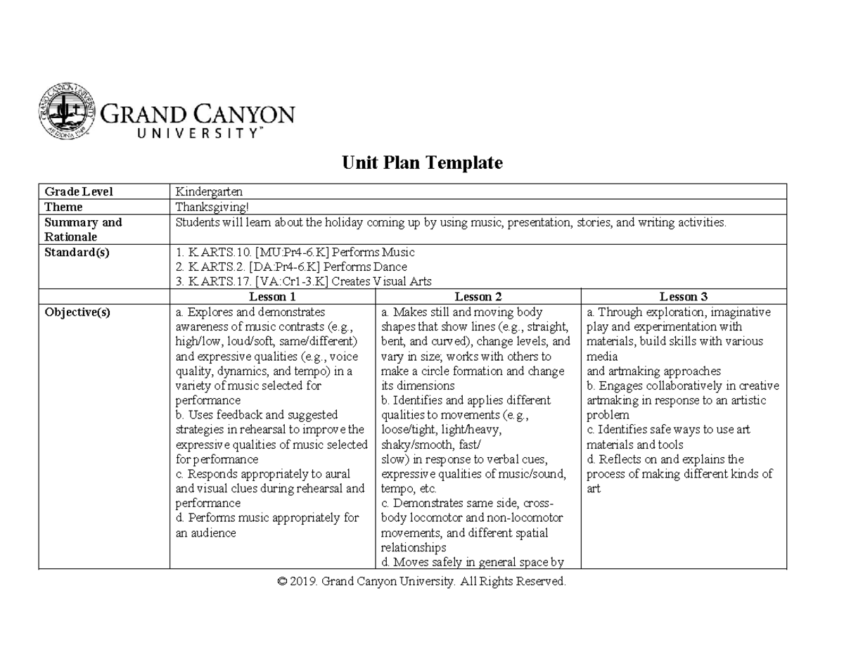 ECE-450-T3-Kindergarten Thanksgiving! Unit Plan Template - Studocu