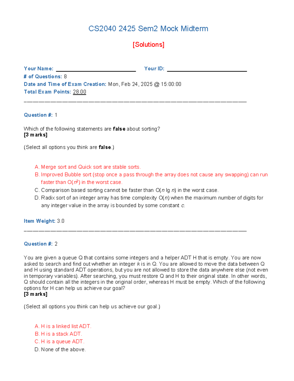 CS2040 2425 Sem2 Mock Midterm - Solutions - CS2040 2425 Sem 2 Mock Midterm [Solutions] Your Name ...