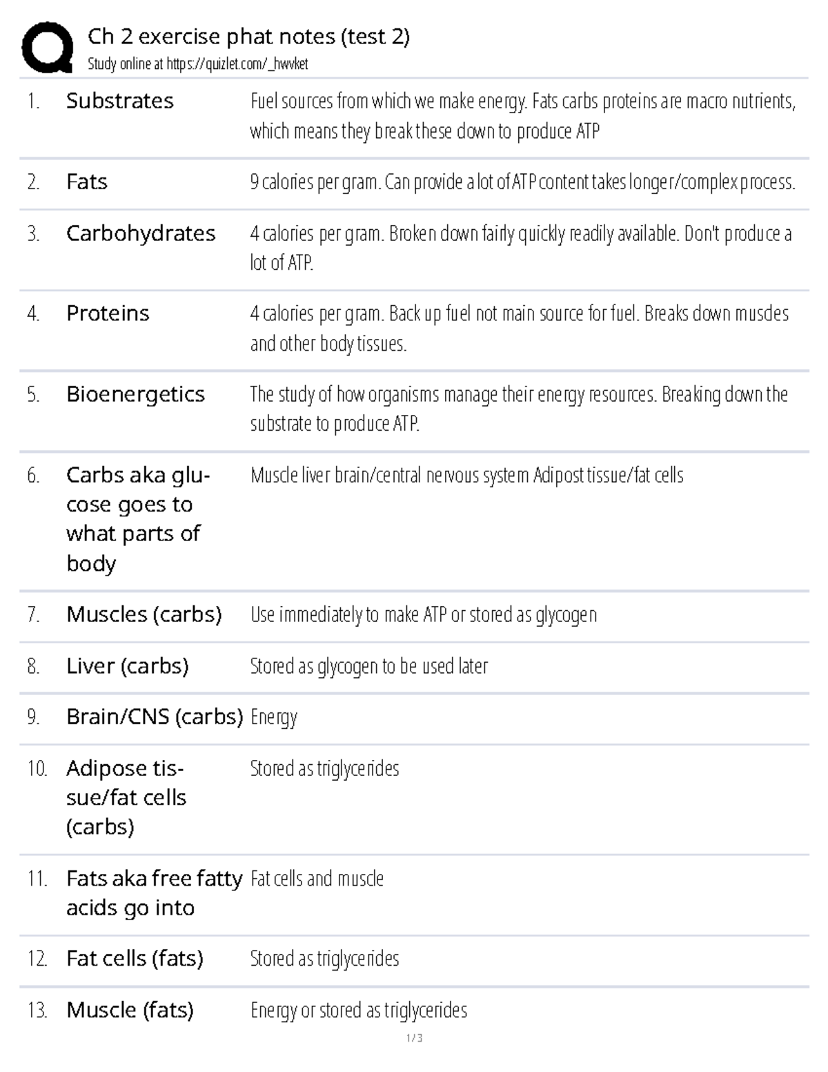 Chapter 2 Exercise Phat Notes (Test 2) - Overview of Energy Substrates ...