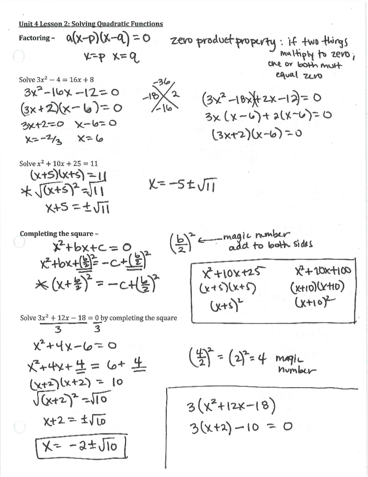 Unit 4 Lesson 2: Solving Quadratic Functions & Completing the Square ...