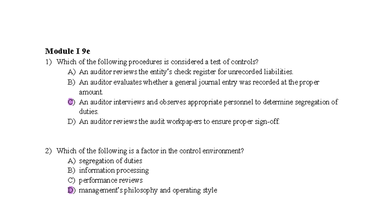 Module I - Test Materials for Internal Control Exam - Studocu