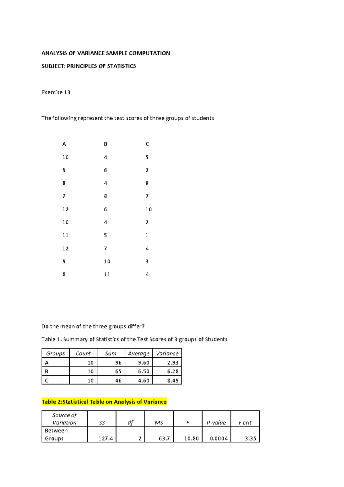 Anova Sample Computation - ANALYSIS OF VARIANCE SAMPLE COMPUTATION ...