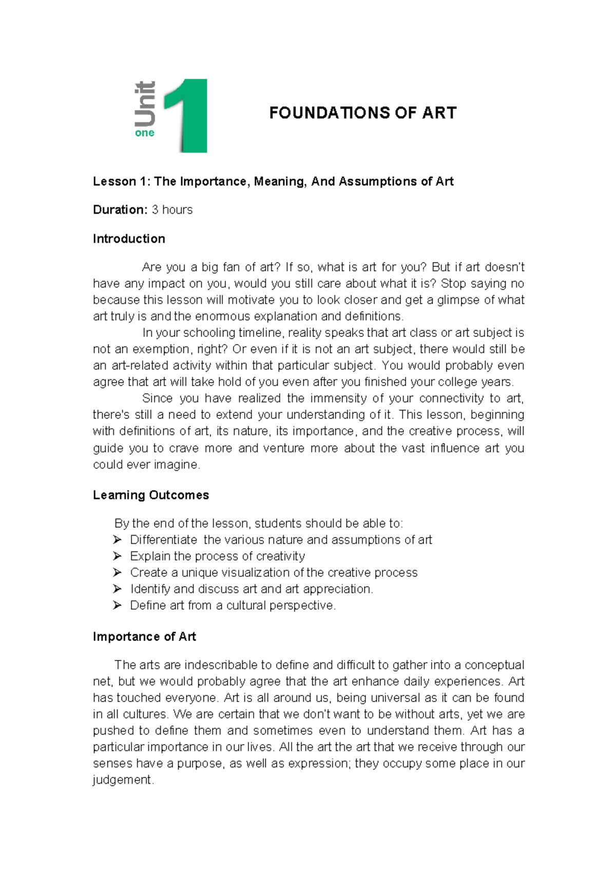 Unit 1 Lesson 1: Exploring the Importance and Meaning of Art (Art ...
