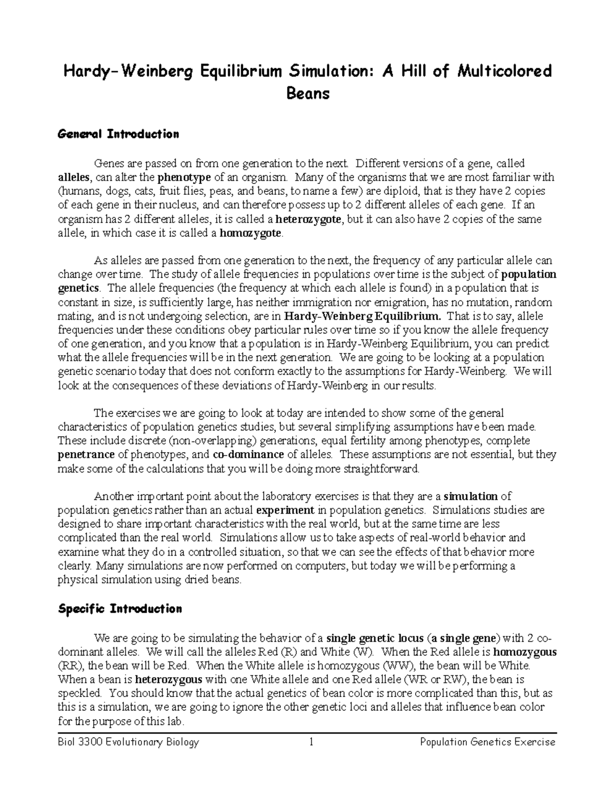 Biol3300: Hardy-Weinberg Equilibrium Bean Simulation Lab 2022 - Studocu