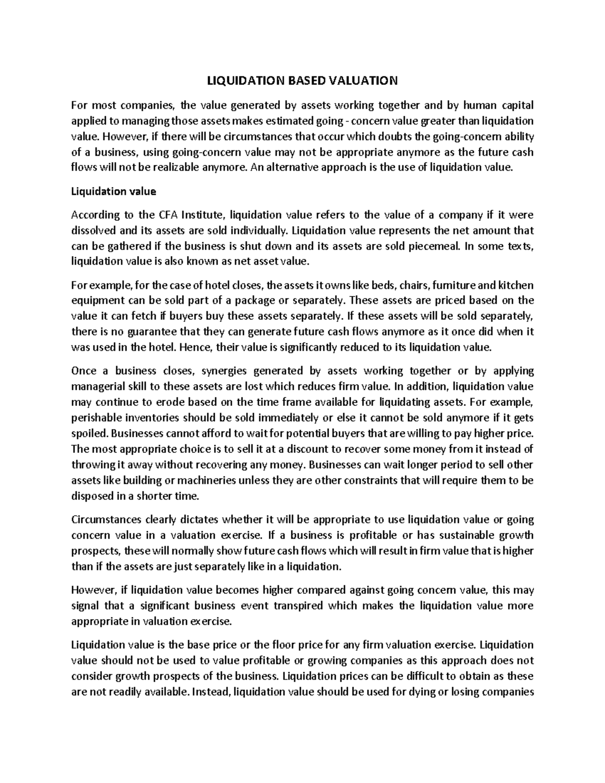 Chapter 3 - Liquidation Value Analysis in Business Valuation - Studocu