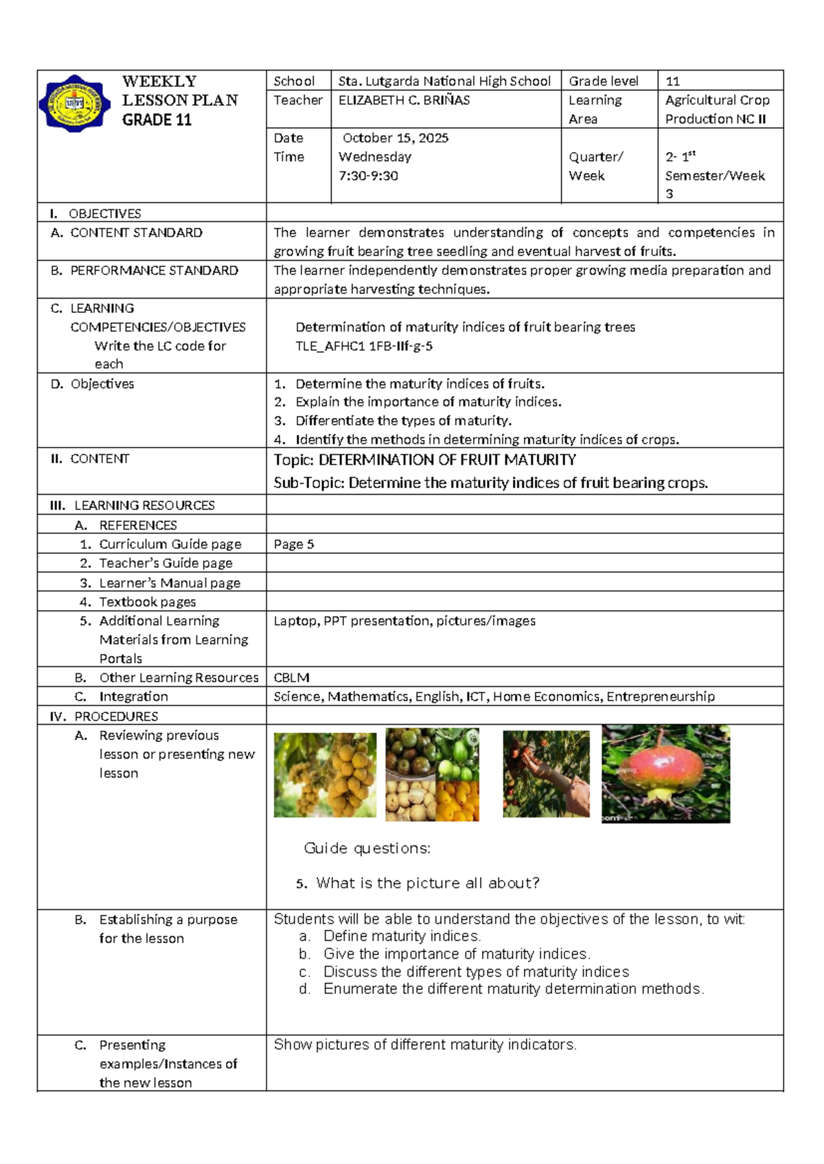 Grade 11 ACP Weekly Lesson Plan: Determining Fruit Maturity Indices ...
