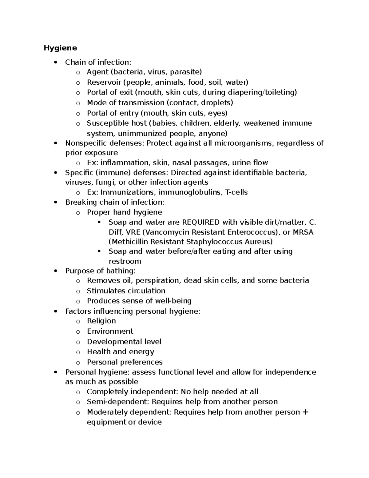 Unit 1 Notes - Hygiene Chain of infection: o Agent (bacteria, virus ...