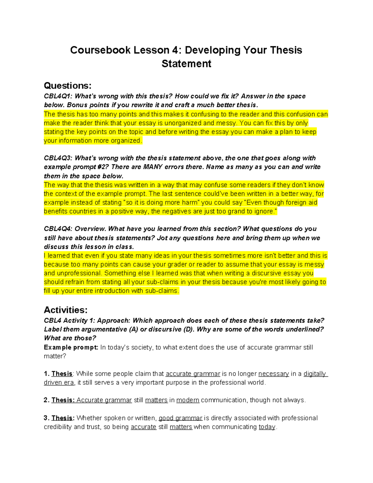 CBL4: Lesson 4 - Crafting Effective Thesis Statements - Studocu