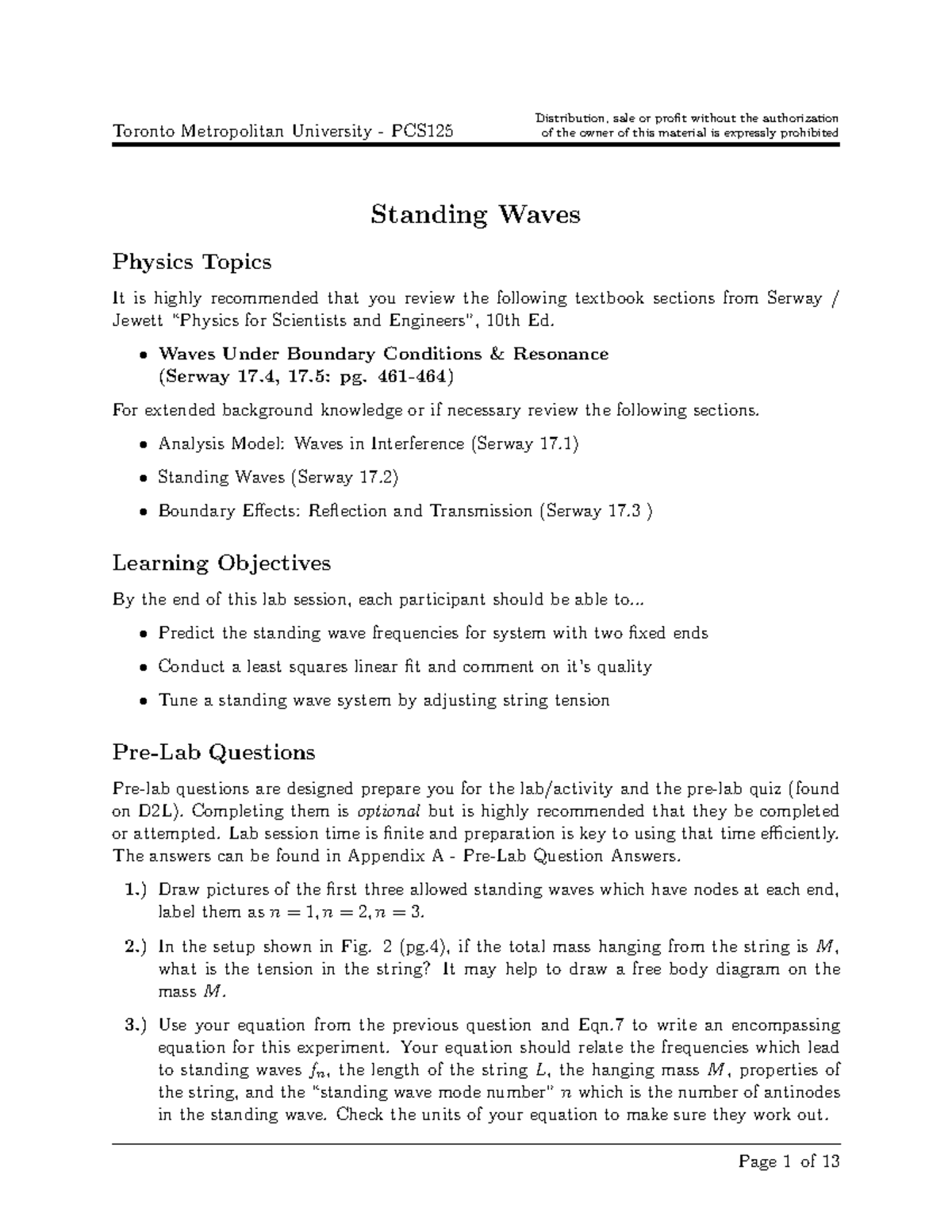 Lab 2-Standing Waves- W25 - Toronto Metropolitan University - PCS of ...
