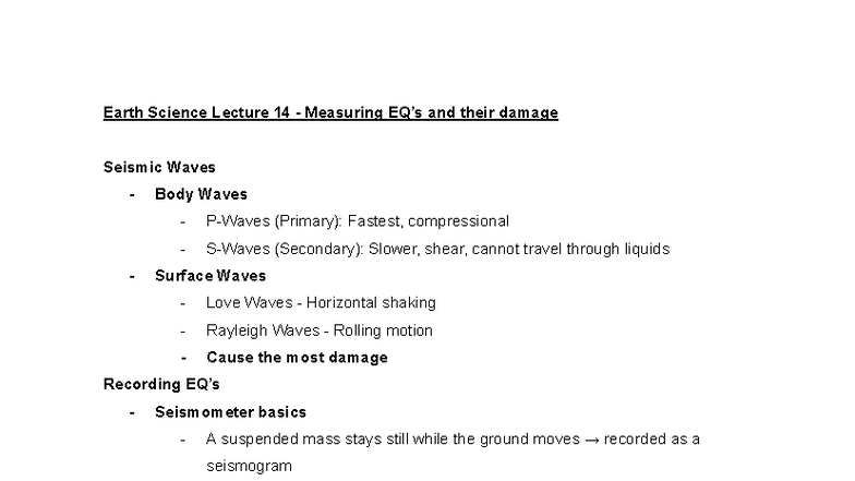 Earth Science Lecture 14: Seismic Waves and Their Impact - Studocu