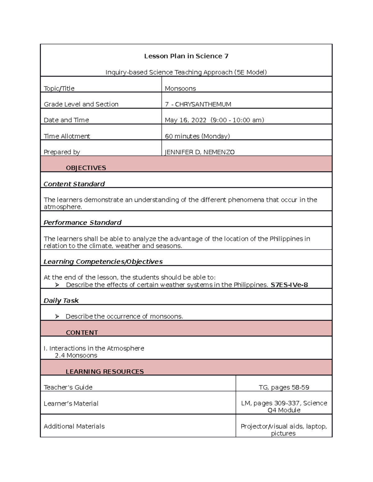Science 7 Lesson Plan: Understanding Monsoons and Weather Systems - Studocu