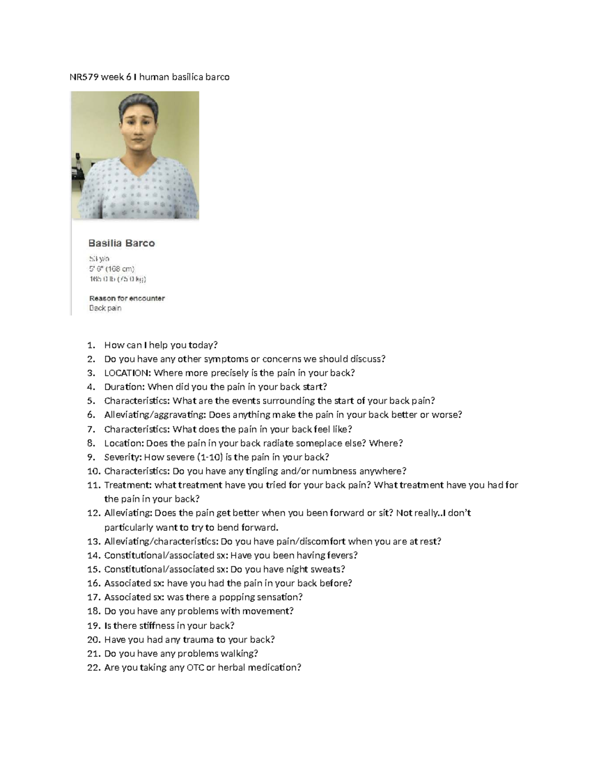 NR579 Week 6: Back Pain Assessment Questions and Considerations - Studocu