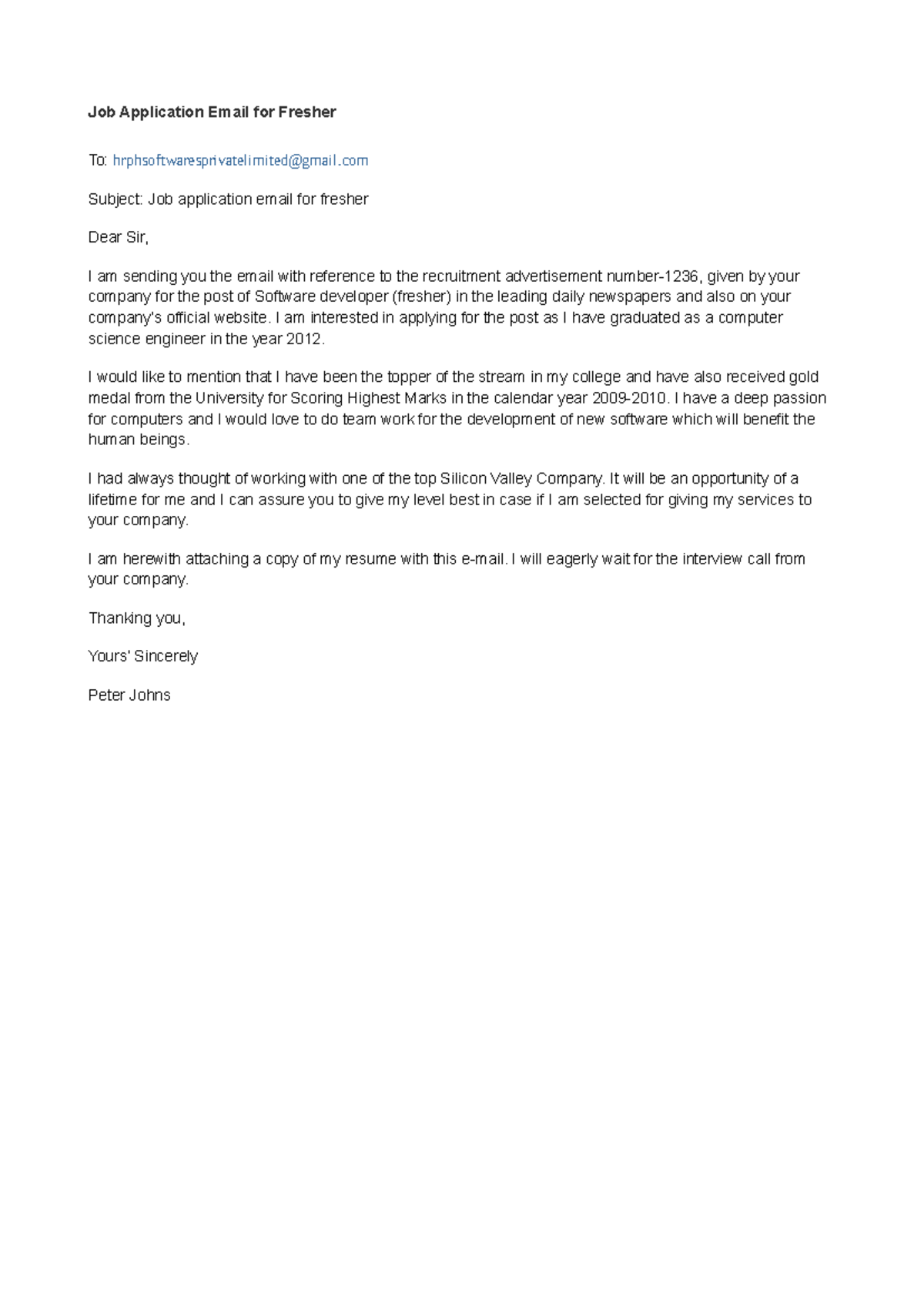 Job Application Email for Fresher - Software Developer Position - Studocu