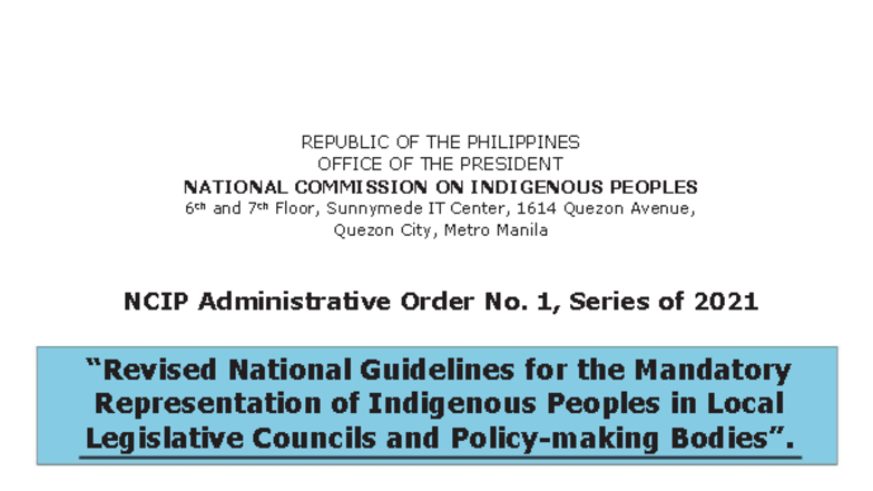 NCIP AO 1 S - Revised Guidelines for Indigenous Peoples' Representation ...