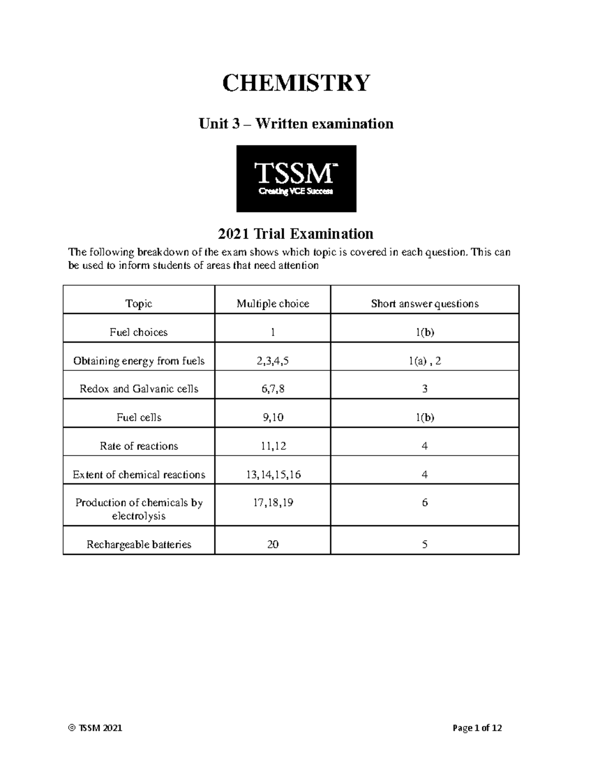 2021 TSSM Chemistry Unit 3 Trial Exam Solutions - Studocu