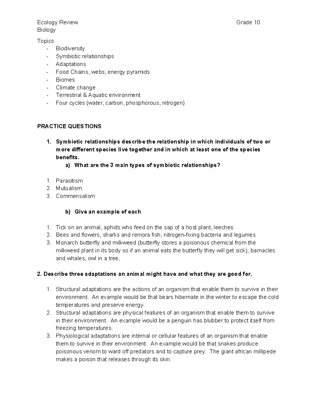 Ecology Review Answers - Biology Topics - Biodiversity - Symbiotic ...