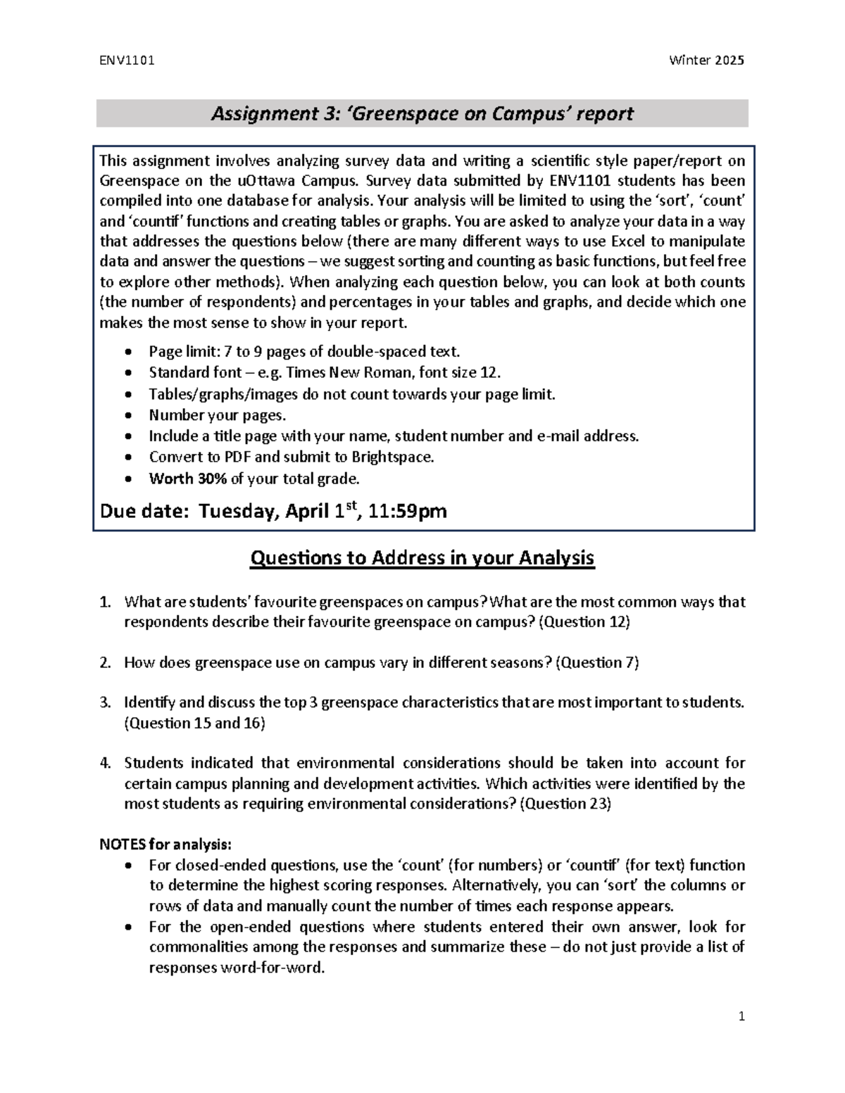 ENV1101 Winter 2025 Assignment 3: Analyzing Greenspace Survey Data - Studocu