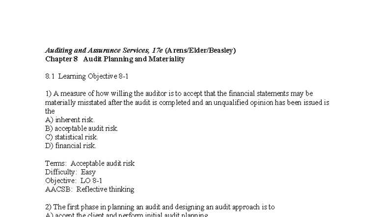 Auditing and Assurance Services 17e: Chapter 8 Audit Planning & Materiality - Studocu