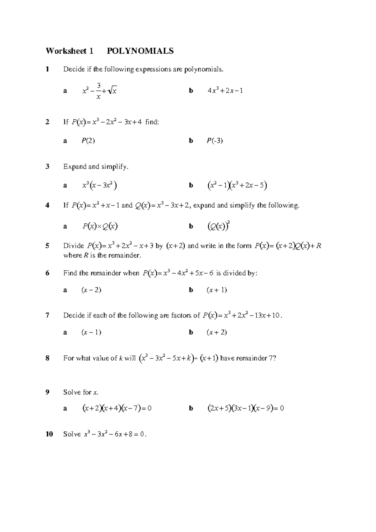 Polynomial Worksheet 1: Expressions and Factor Analysis - Studocu