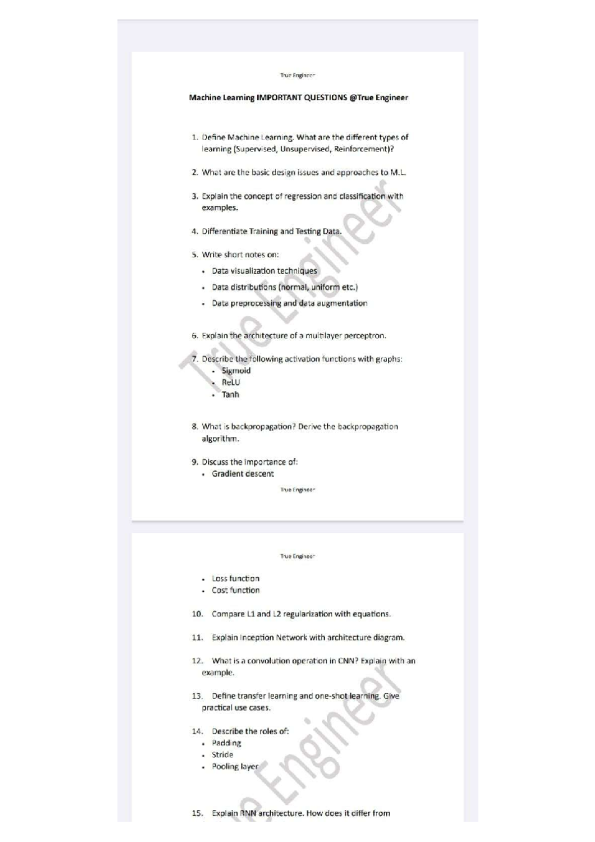 True Engineer ML Final Exam Important Questions and Notes - Studocu