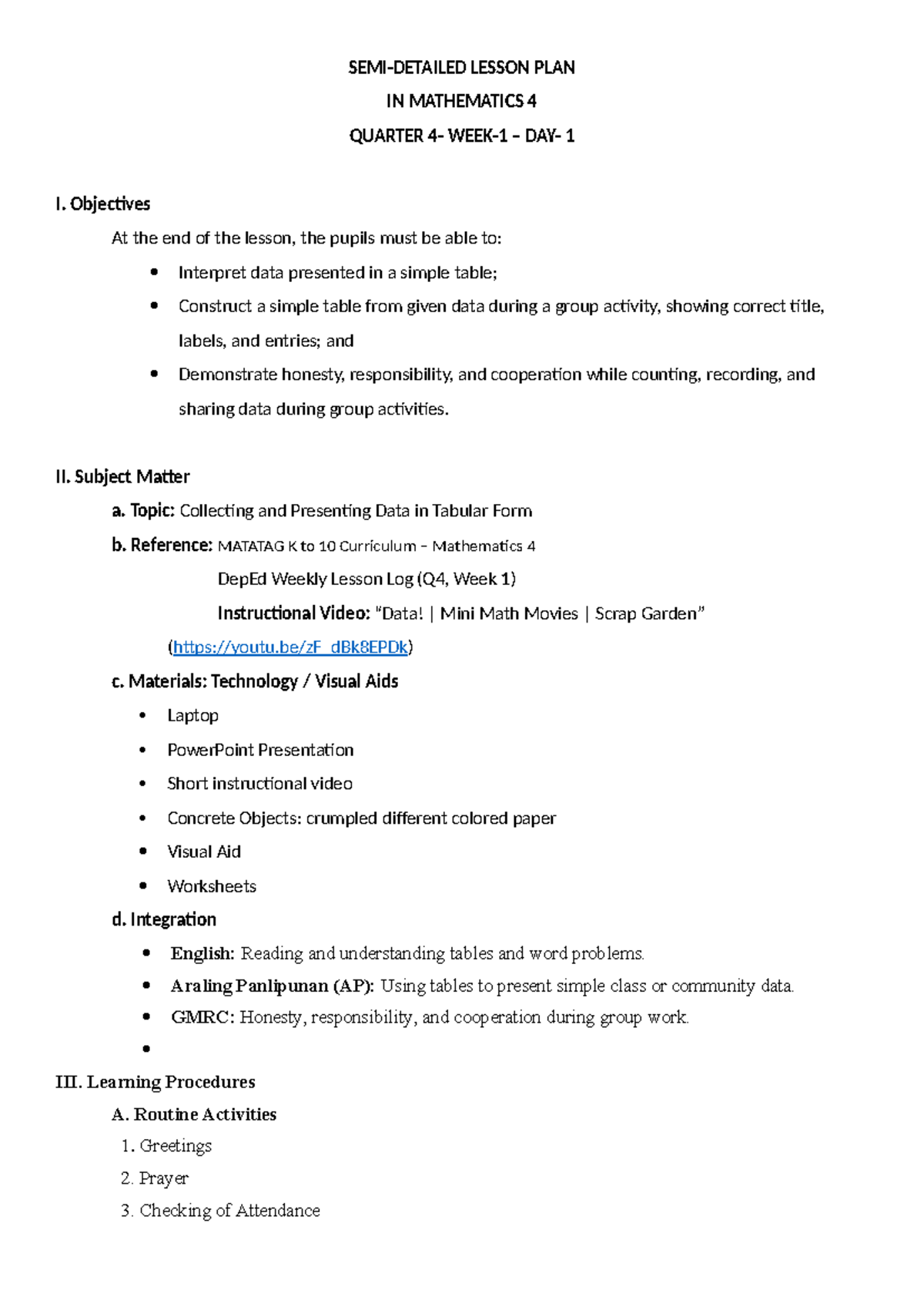 SEMI-DETAILED LESSON PLAN G4 MATH Q4 W1: DATA PRESENTATION - Studocu
