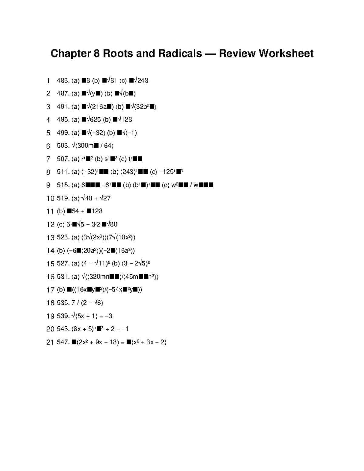 Roots and Radicals Worksheet - Chapter 8 Roots and Radicals — Review ...