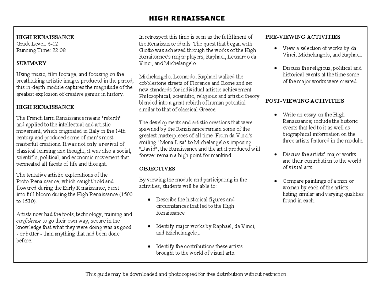 Renaissance - tarea - HIGH RENAISSANCE This guide may be downloaded and ...