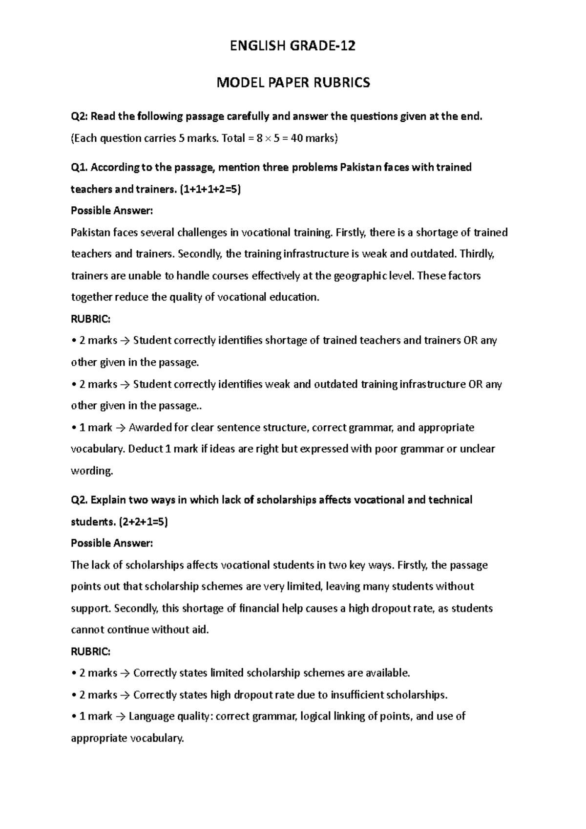 English Grade-12 Model Paper: Answers & Marking Rubrics - Studocu