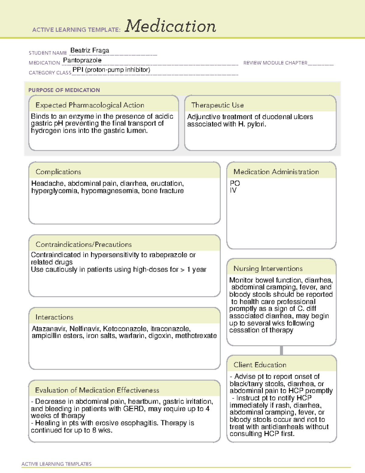 Active Learning Template: Pantoprazole Medication Overview - Studocu