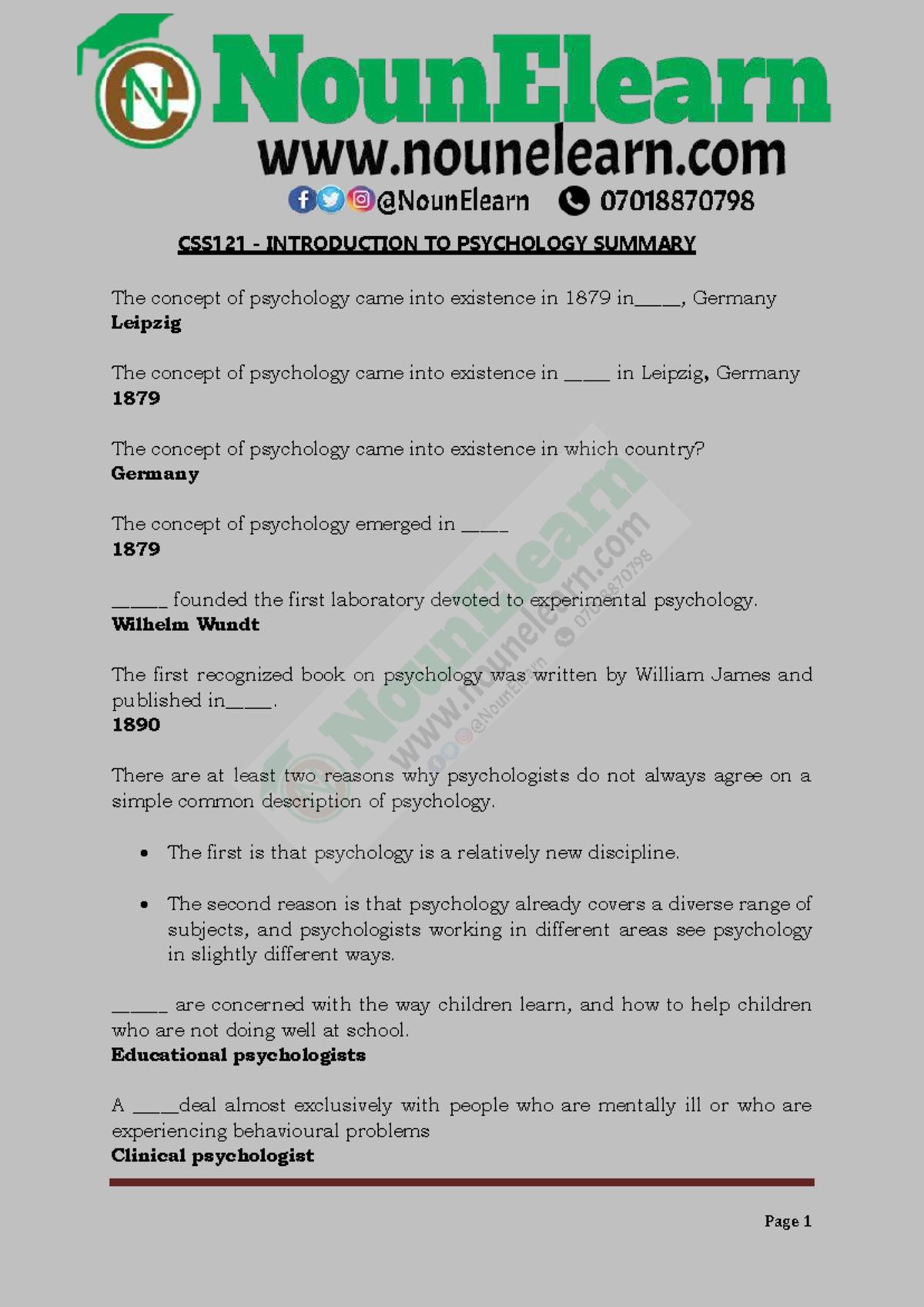 CSS121 INTRODUCTION TO PSYCHOLOGY: Key Concepts and Summary Notes - Studocu