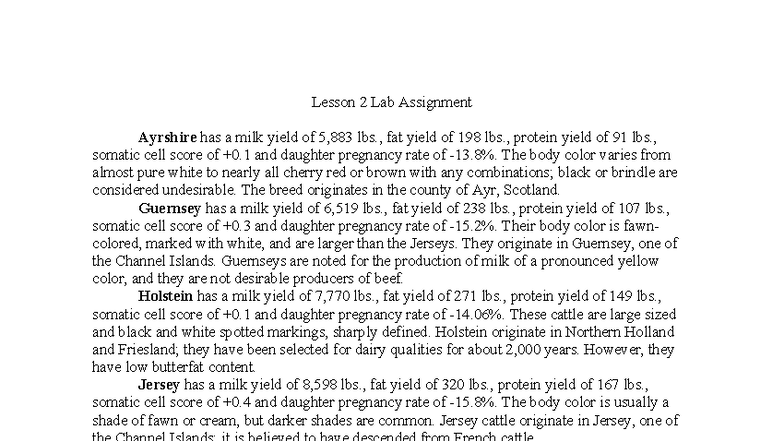 Lesson 2 Lab Assignment: Dairy Cattle Breeds & Milking Systems - Studocu