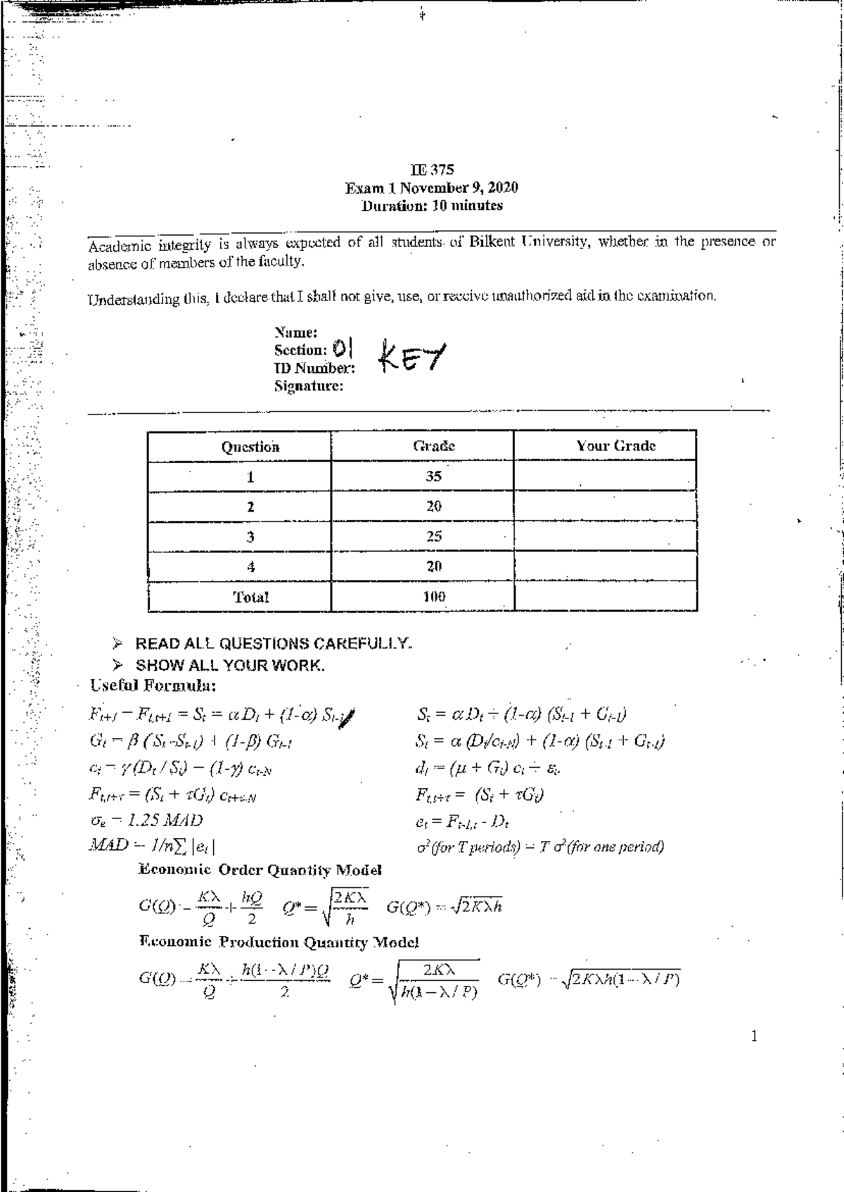 IE 375 Midterm Exam 1 Answer Key - November 2020 - Studocu