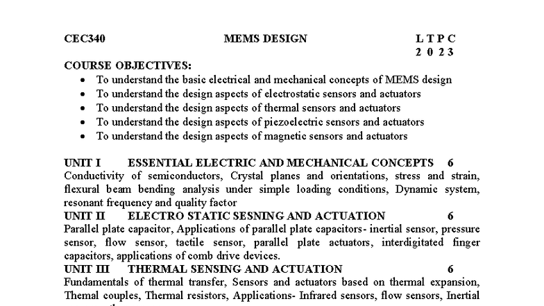 CEC340 MEMS DESIGN: Comprehensive Notes on Design Concepts - Studocu