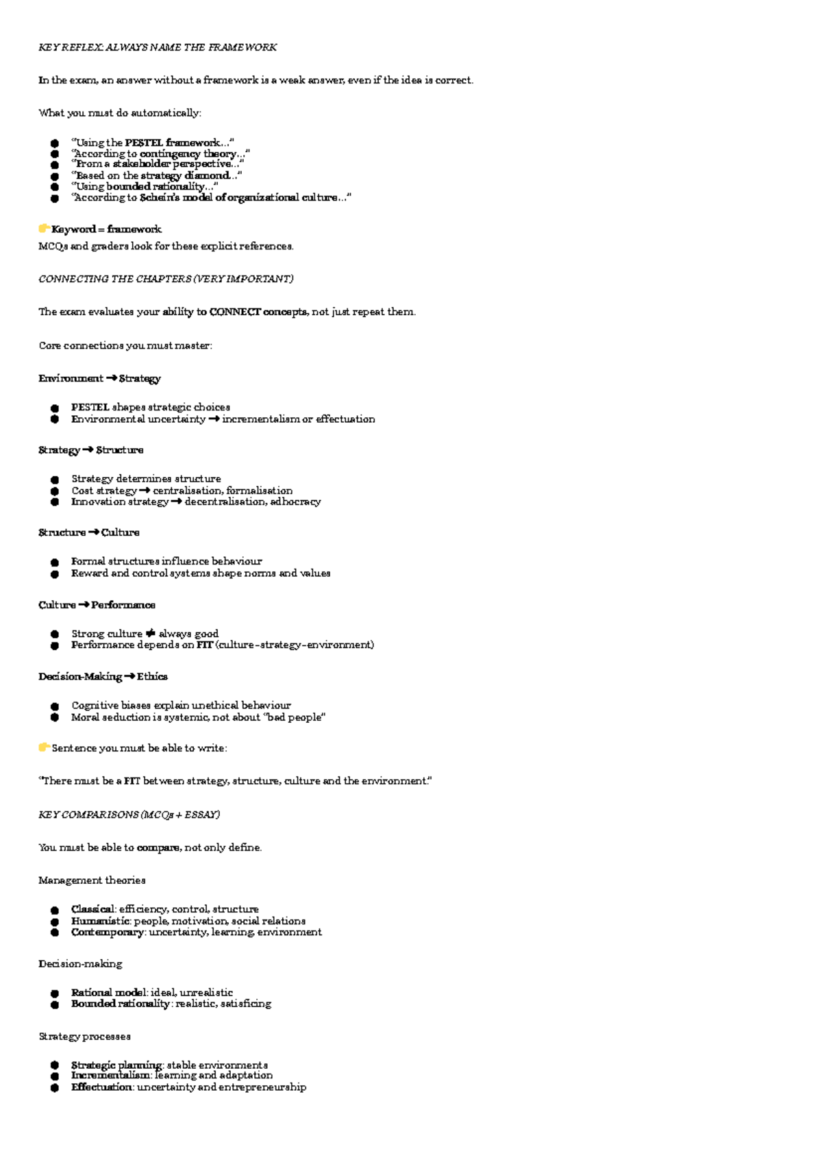 Memo Sheet - Management Exam Strategies and Key Frameworks - Studocu