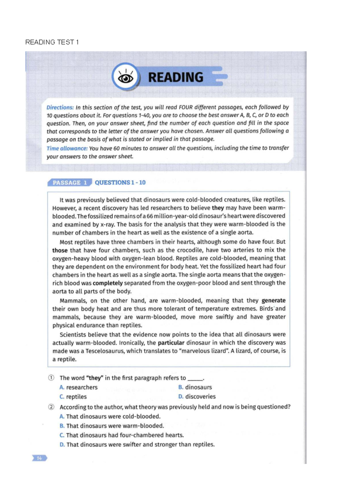 Reading Test 1 - Comprehension Questions and Passages - Studocu