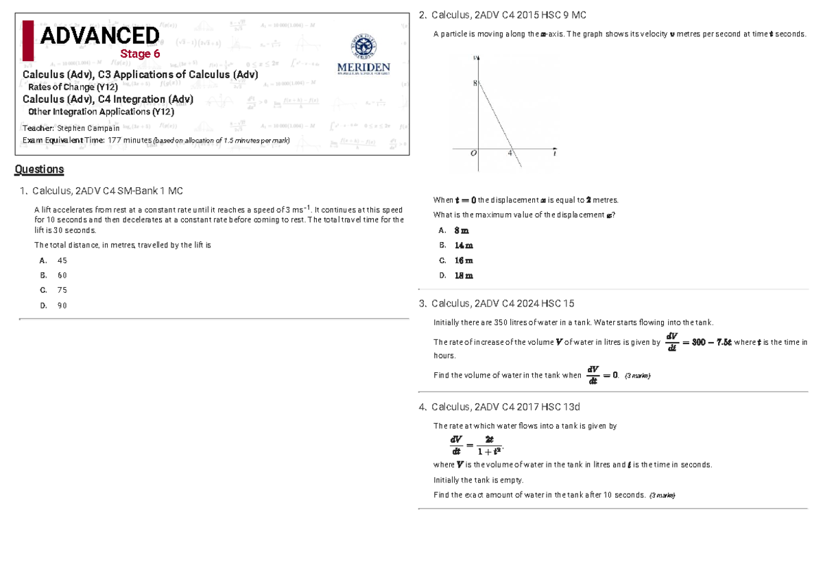Calculus, 2ADV C4 Motion and Rates Study Notes for HSC 2024 - Studocu