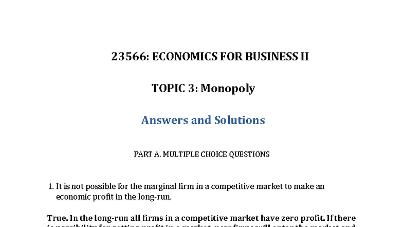 23566: ECONOMICS FOR BUSINESS II WEEK 4 TUTORIAL SOLUTIONS ON MONOPOLY ...