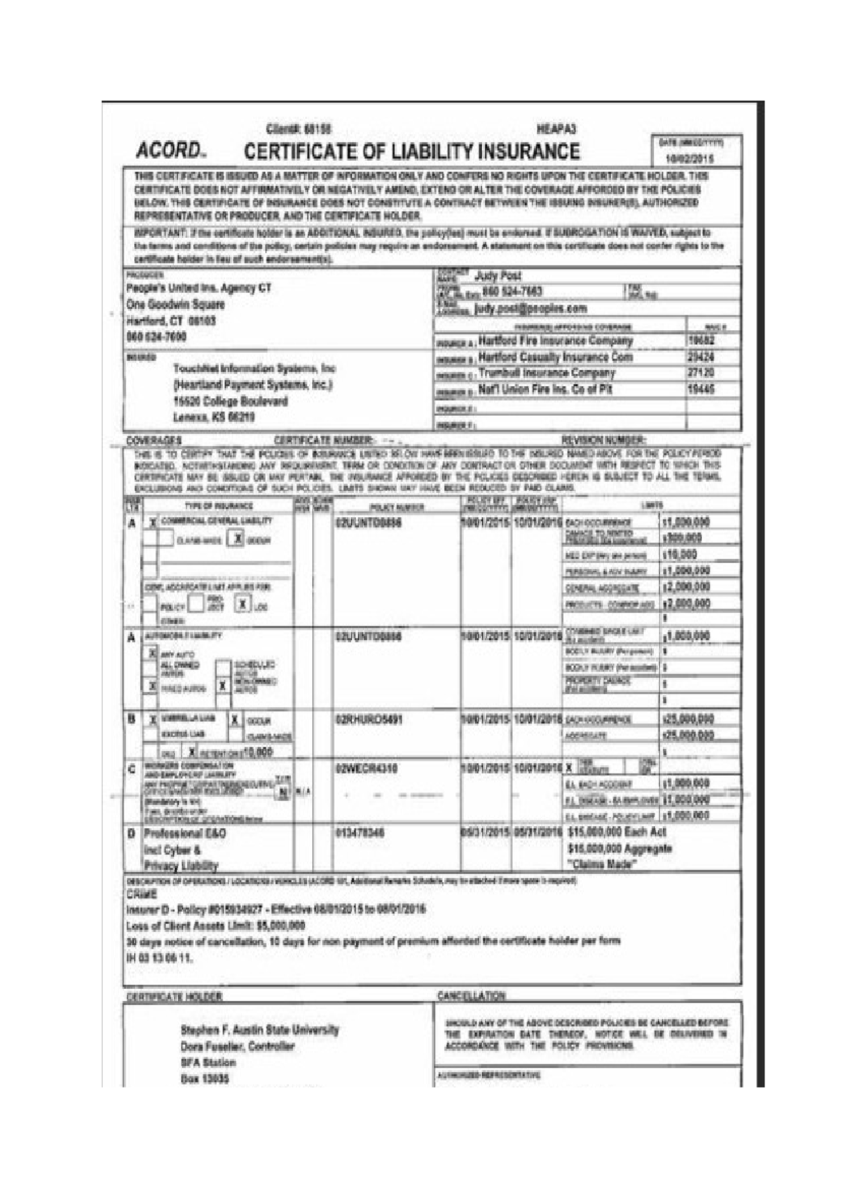 Accord License - 1111111111111 - Clientic 65158 HEAPA3 ACORD. DATE ...