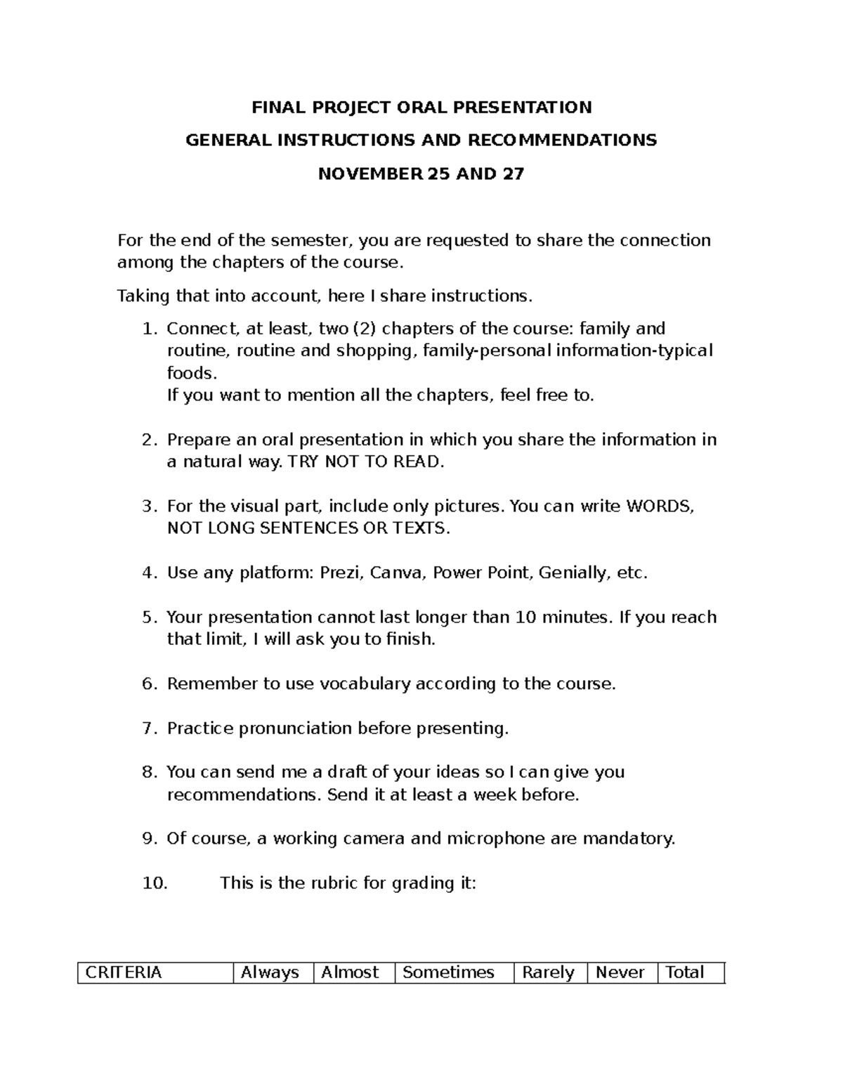 FINAL PROJECT ORAL PRESENTATION GUIDELINES & TIPS - Studocu