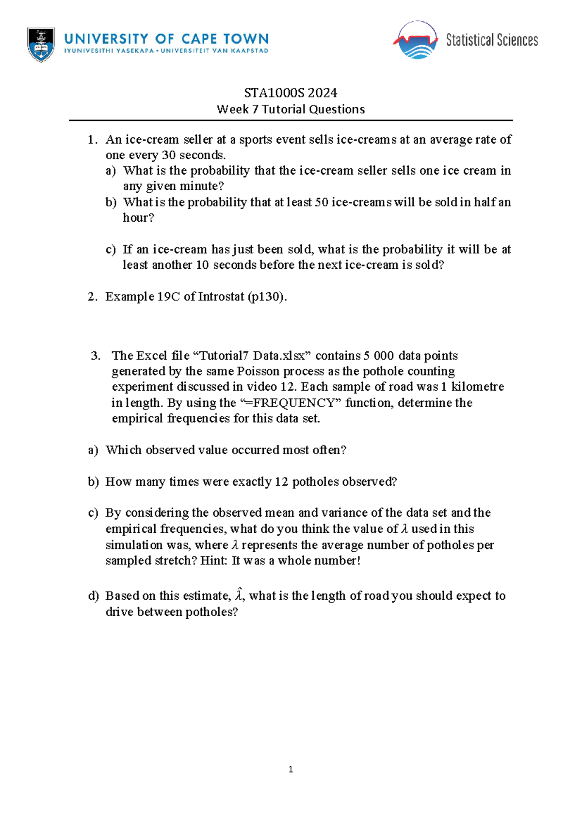 Tutorial Questions for Week 7 in STA1000S 2024 - Studocu