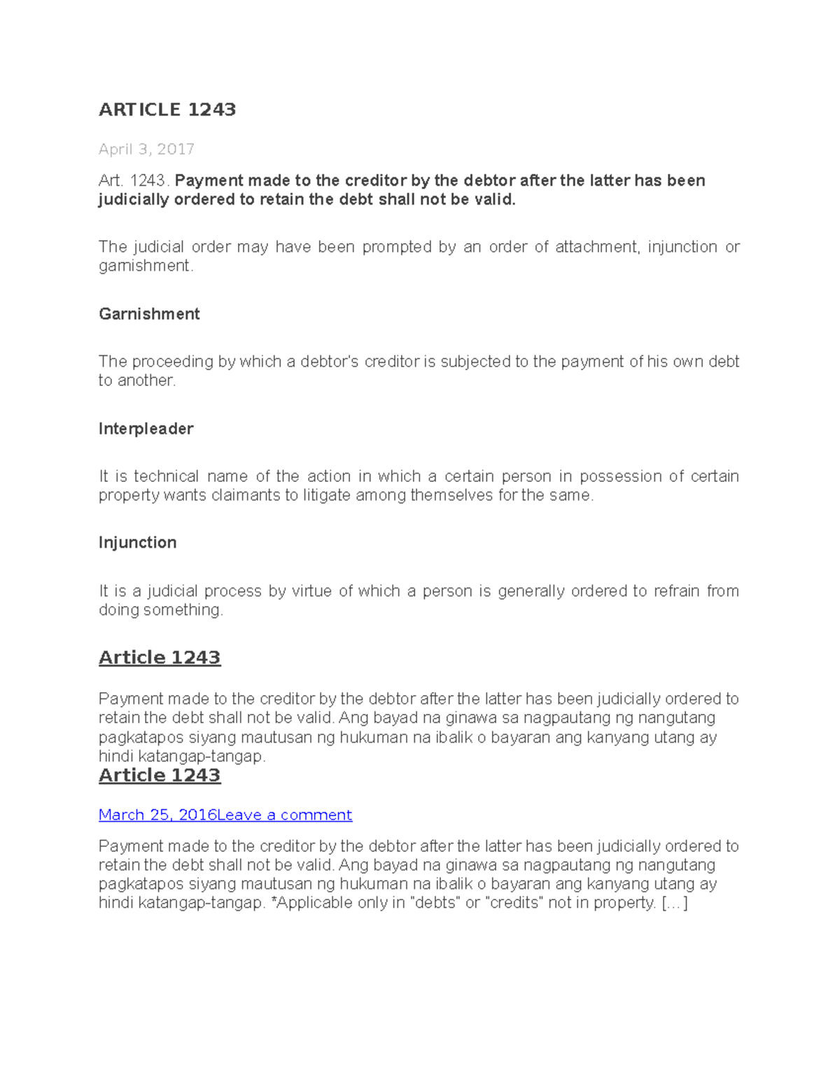 Oblicon - reviewer - ARTICLE 1243 April 3, 2017 Art. 1243. Payment made ...