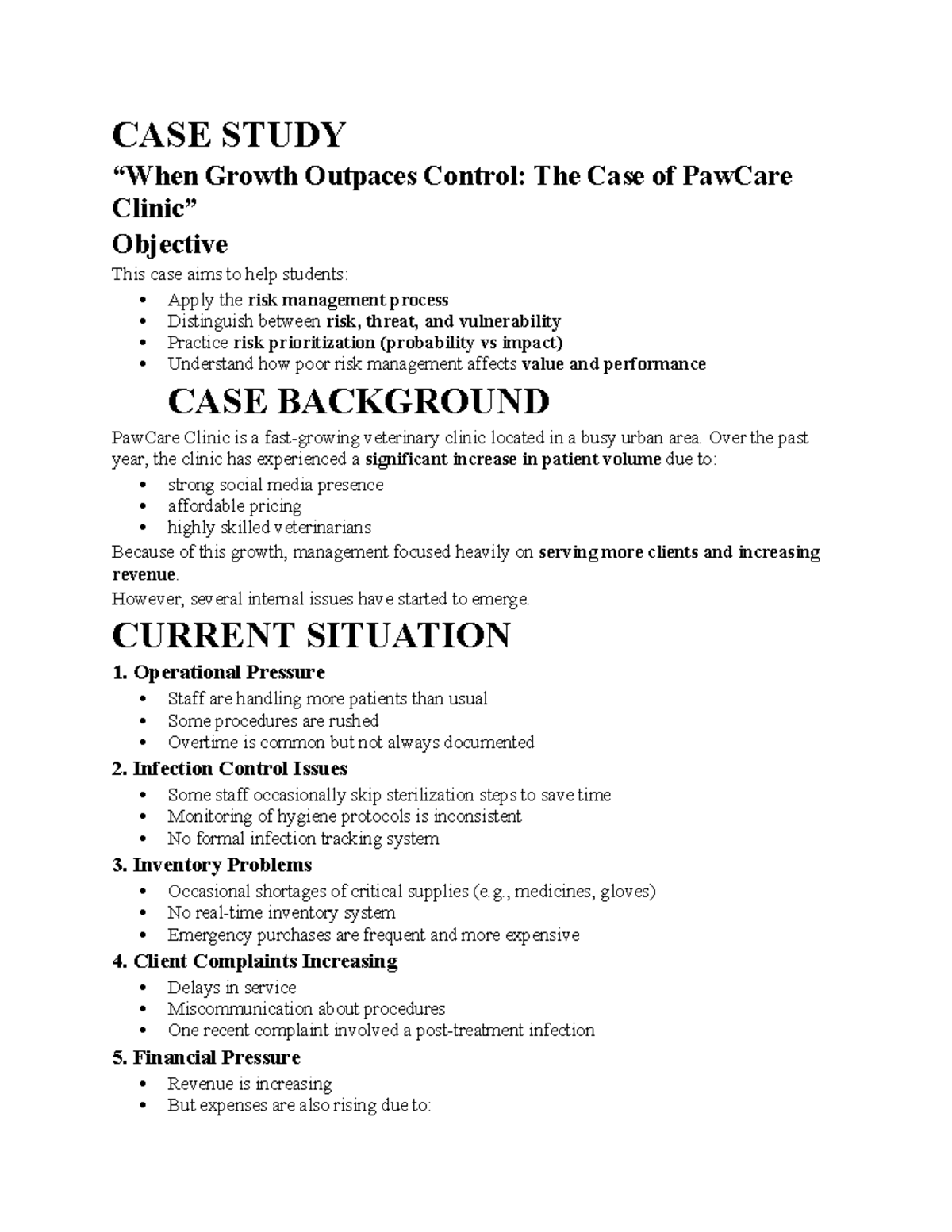 CASE STUDY: Risk Management Challenges at PawCare Clinic - Studocu