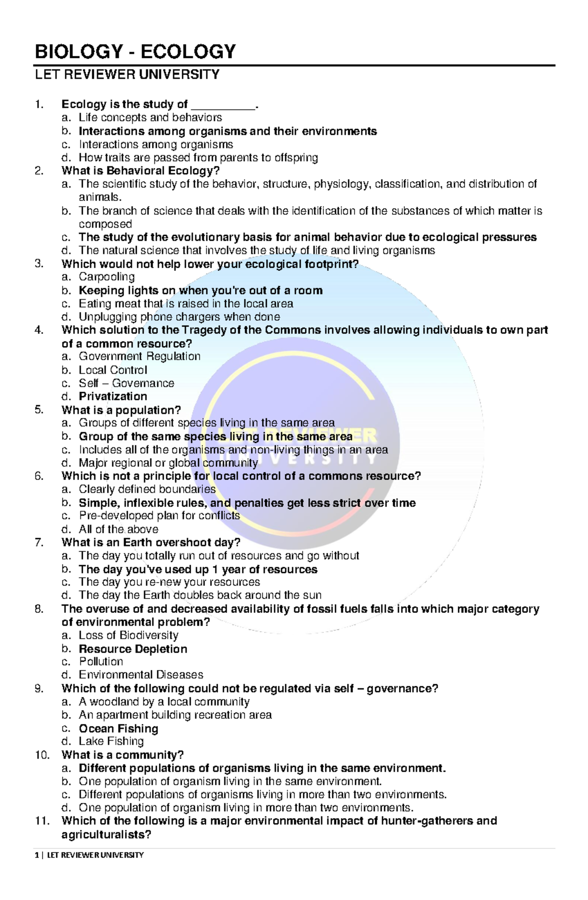 Ecology Exam Reviewer - BIOLOGY 101: Comprehensive Study Guide - Studocu