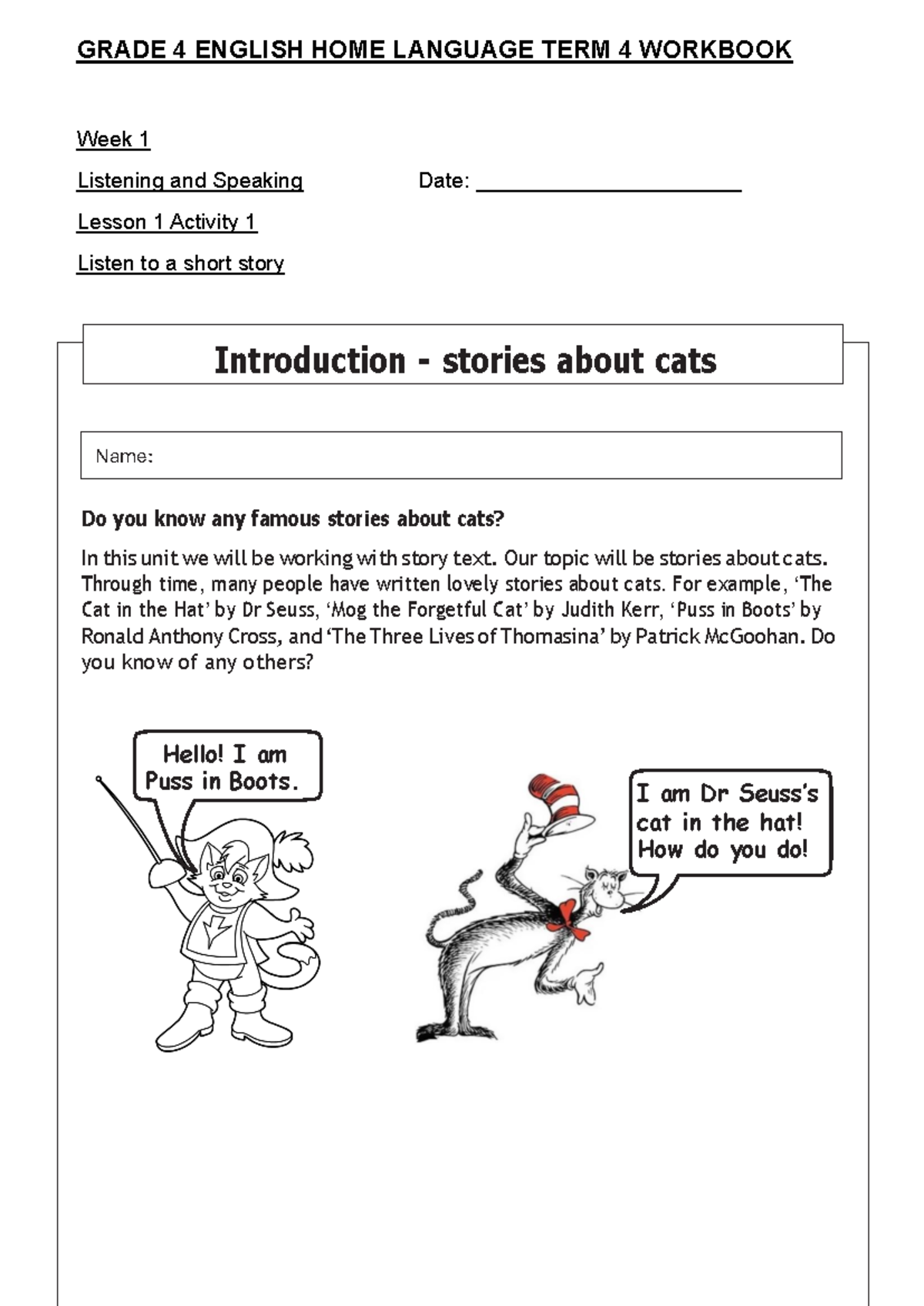 GRADE 4 ENGLISH HOME LANGUAGE TERM 4 WORKBOOK: Week 1 Listening ...