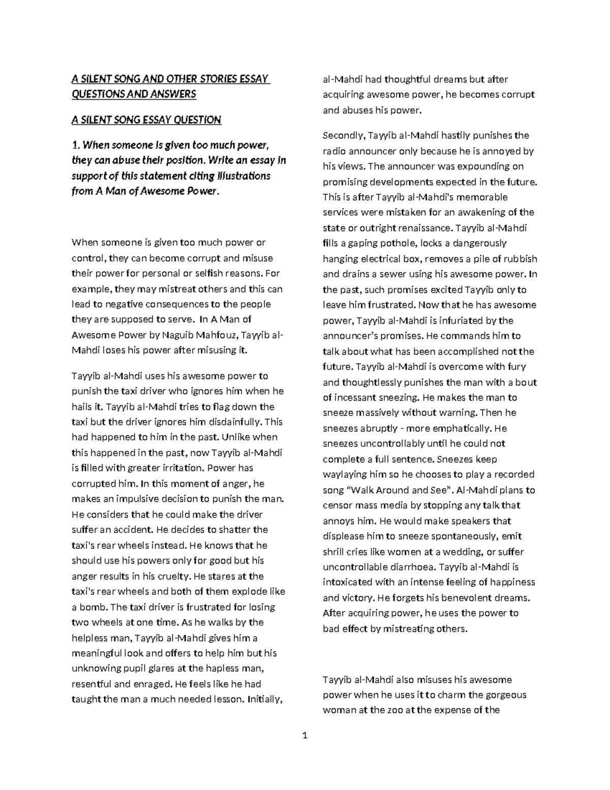 A SILENT SONG ESSAY QUESTIONS AND ANALYSES - Studocu