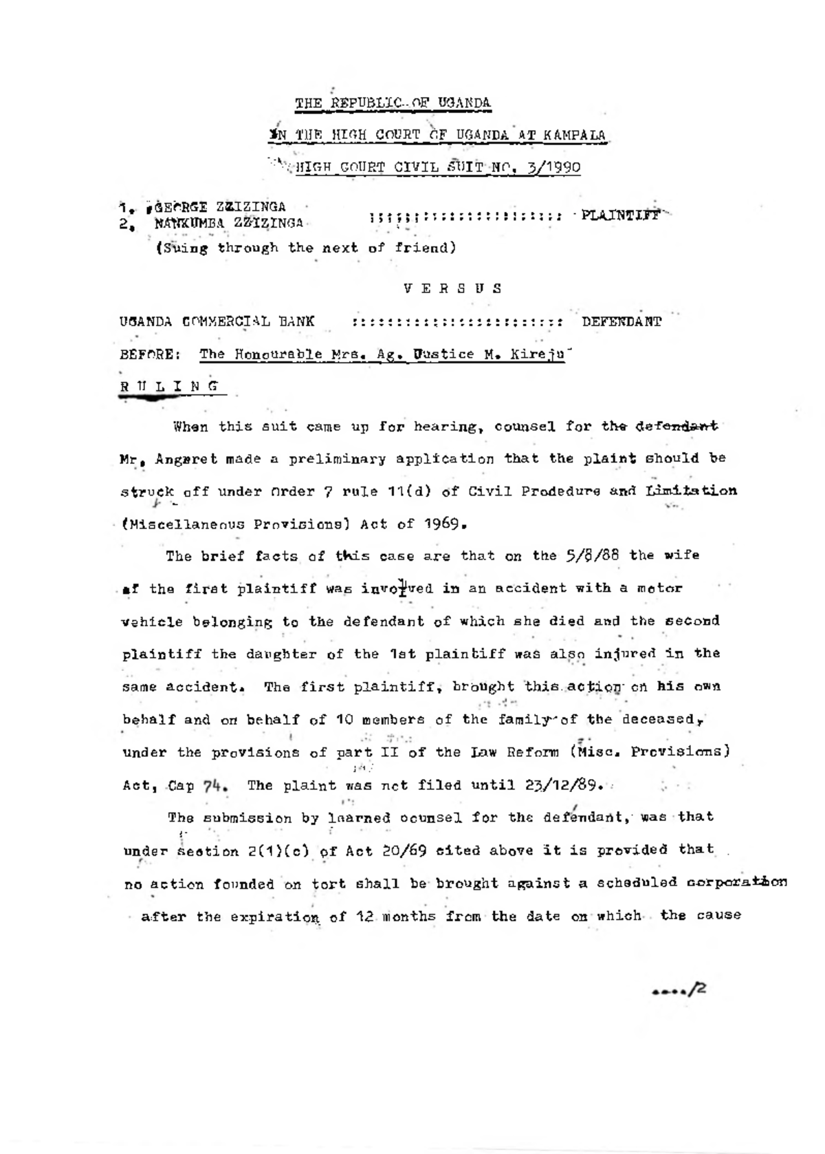 Civil Suit Analysis: Zzizinga v. Uganda Commercial Bank (HCCS No. 1/ ...