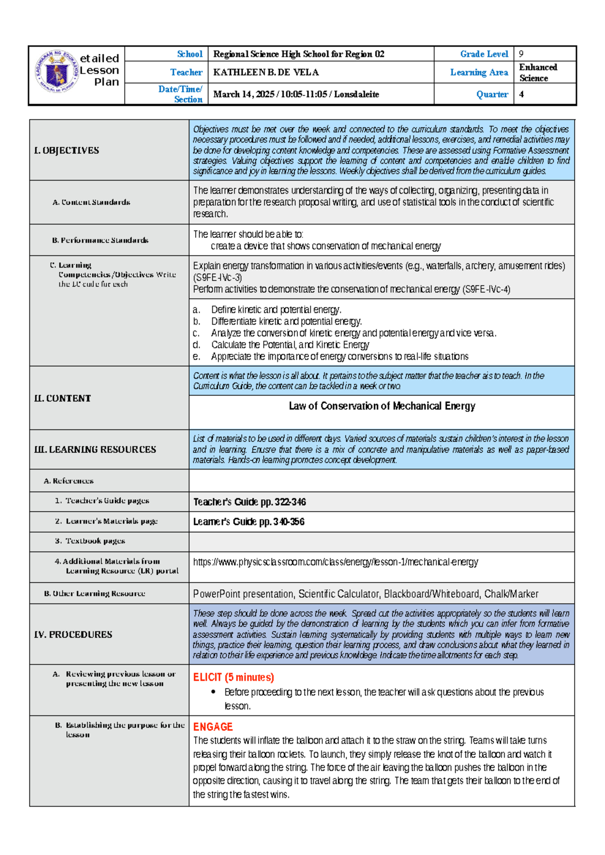 Detailed Lesson Plan on Mechanical Energy - Grade 4 Science (COT 2025 ...