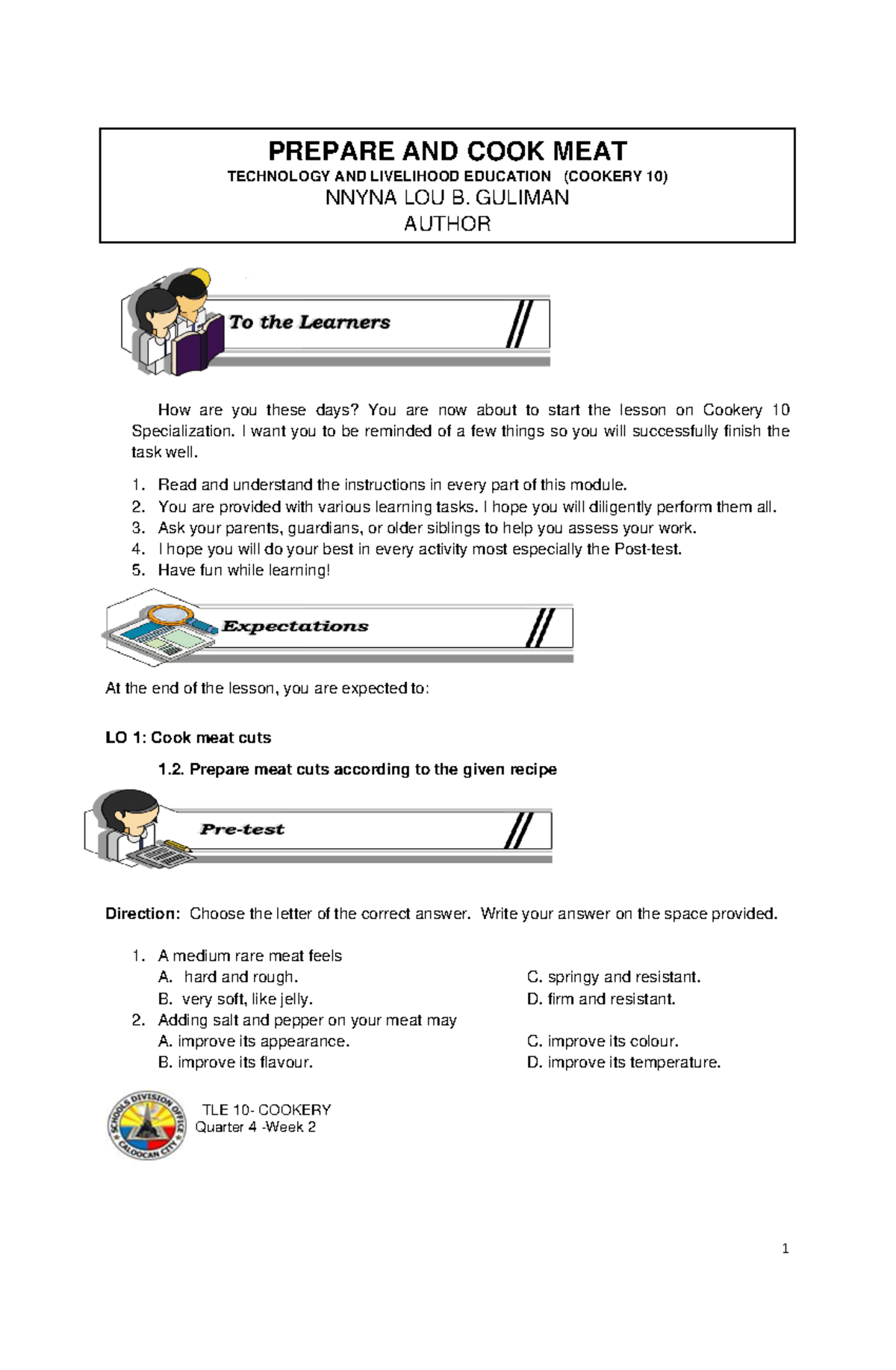 Quarter 4 - Week 2 TLE 10 Cookery: Meat Preparation & Cooking Methods ...