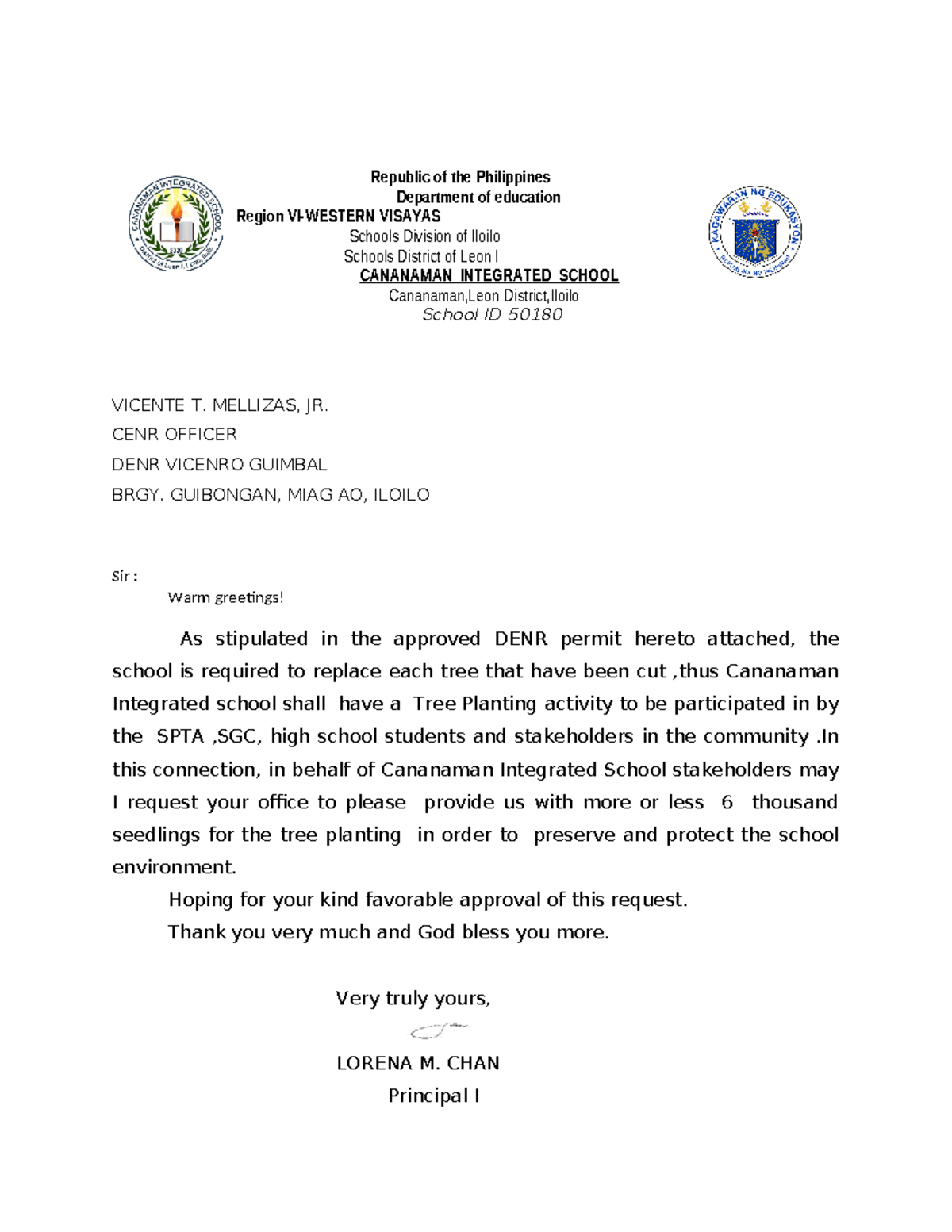 Request Letter for 6,000 Seedlings to DENR - Cananaman Integrated ...